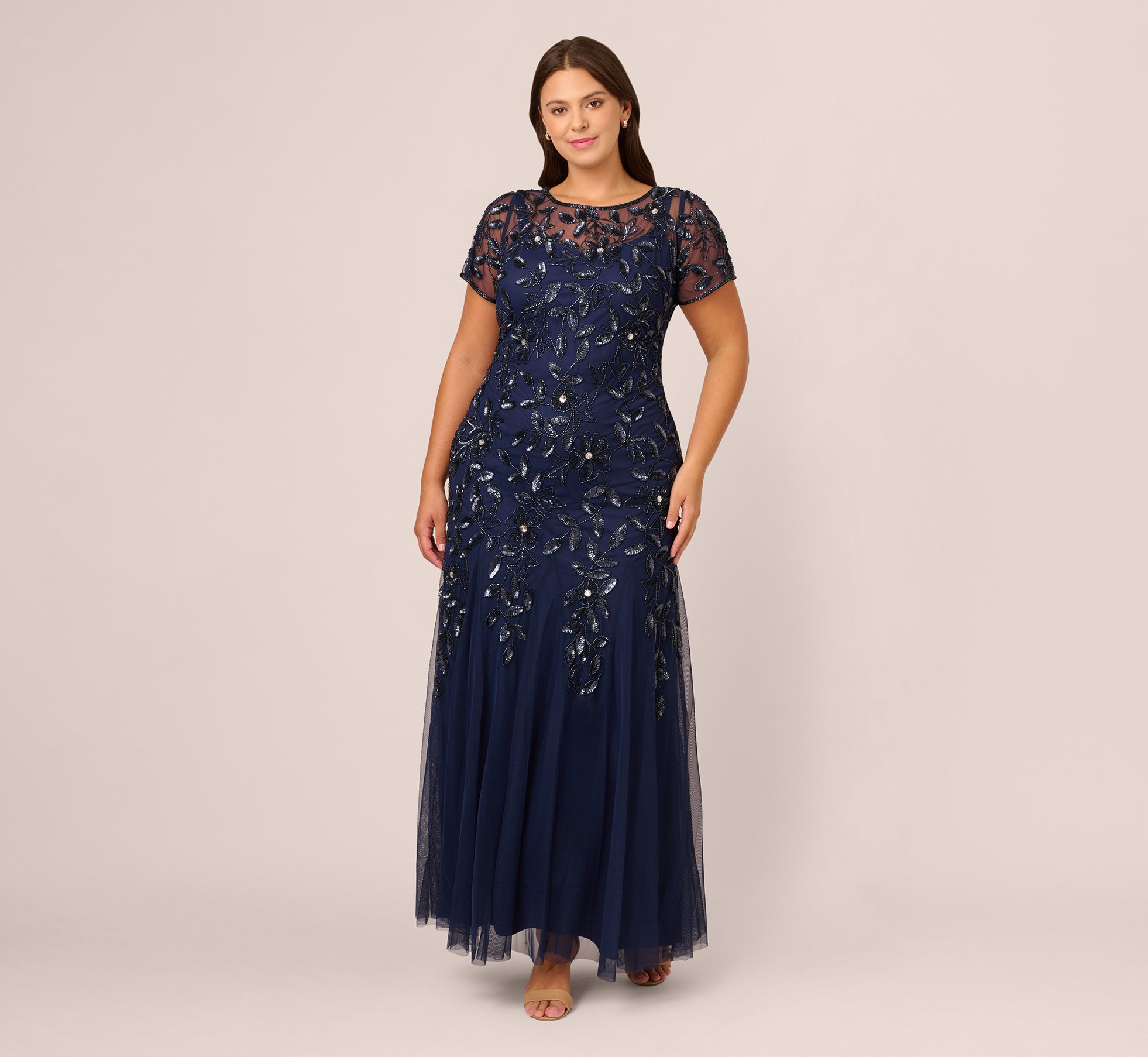 ADRIANNA PAPELL Hand Beaded Floral Godet Gown